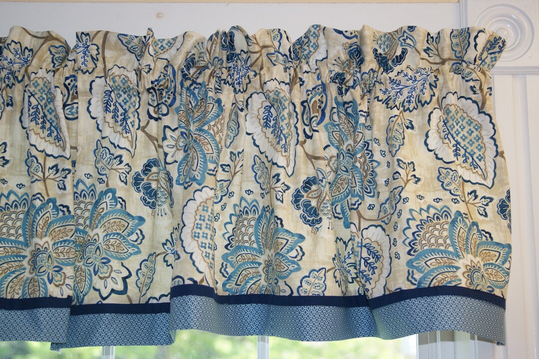 Blue Teal Beige Valance 17x44 – Waverly Jacobean Window Curtain ...