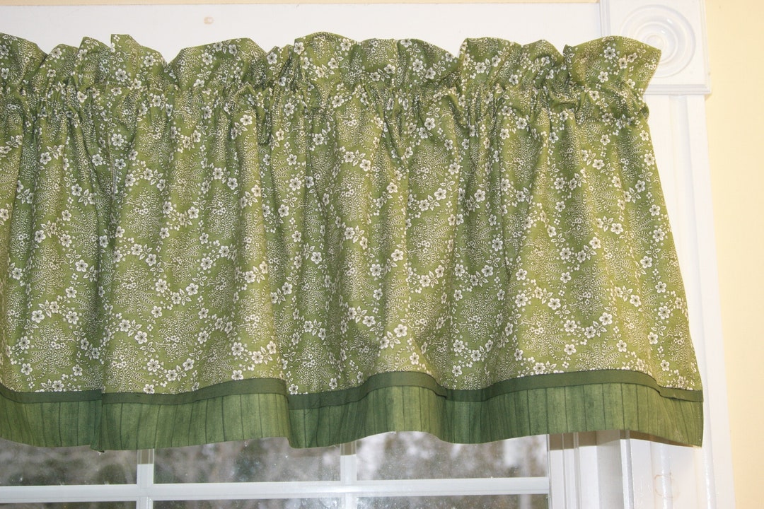 Olive Green Floral Valance 17x44 – White Flower Curtain | Handmade ...