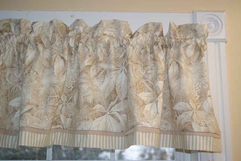 Beige Cream Leaf Valance – 17x55 Handmade Curtain – Tan Stripe Accent ...