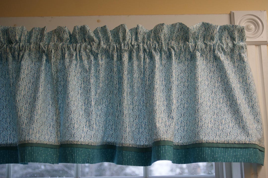 Teal Sage Green Valance – 17x44 Birdsong Leaf White Curtain – Custom ...