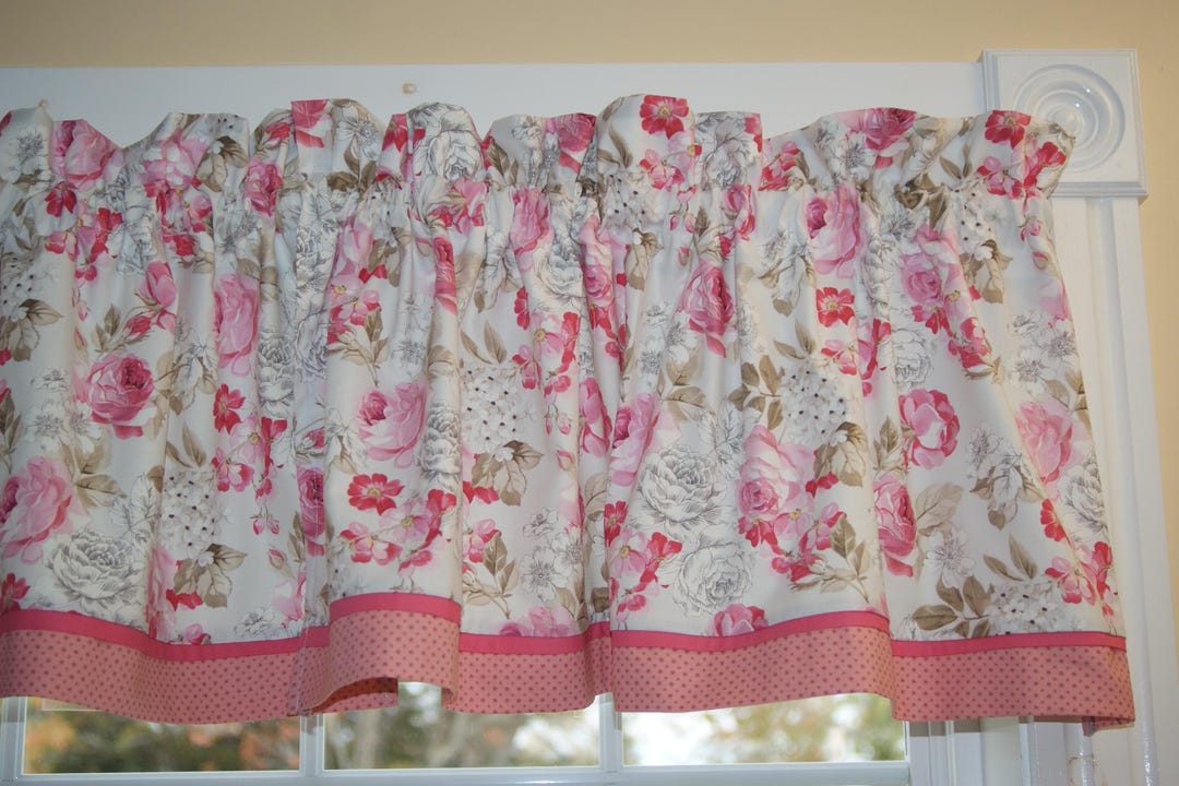 Red Pink Roses Valance 17x44 | Floral Sage Green Curtain Topper ...
