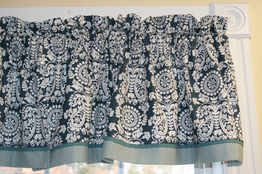 Dark Teal White Medallion Valance – Josephine Limbering 17x44 Curtain ...