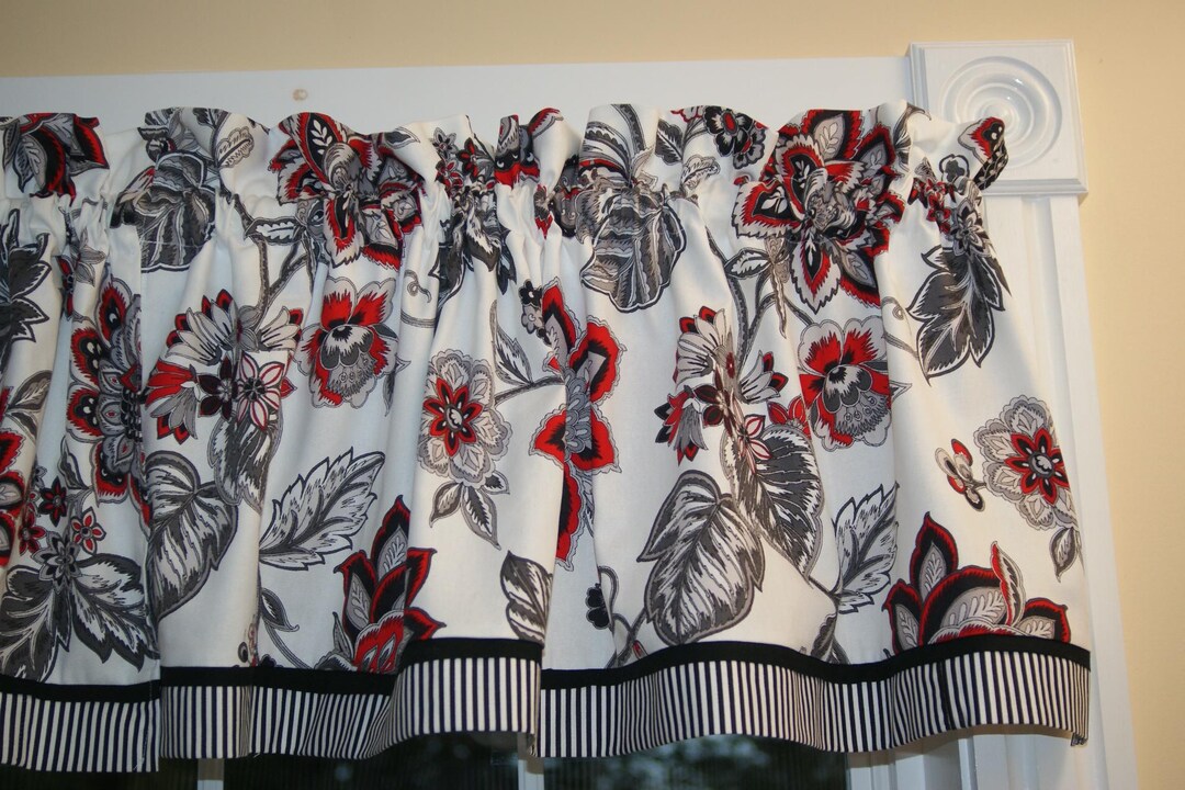 Gray Red Waverly Valance – 17x44 Jacobean Floral Curtain | Handmade ...