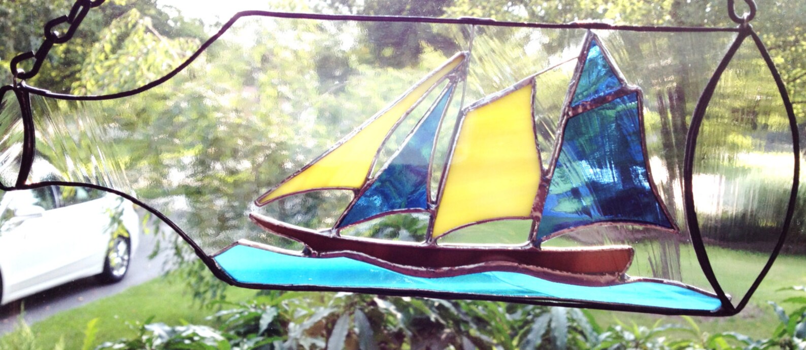 Stained Glass Ship in A Bottle Yellow and Blue Nautical - Etsy