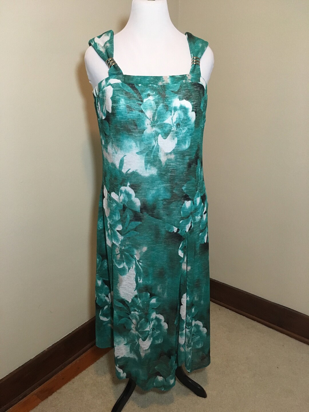 Vintage Rare Plus Size Artex Fashions Sparkle Teal Floral Dress Size XL ...