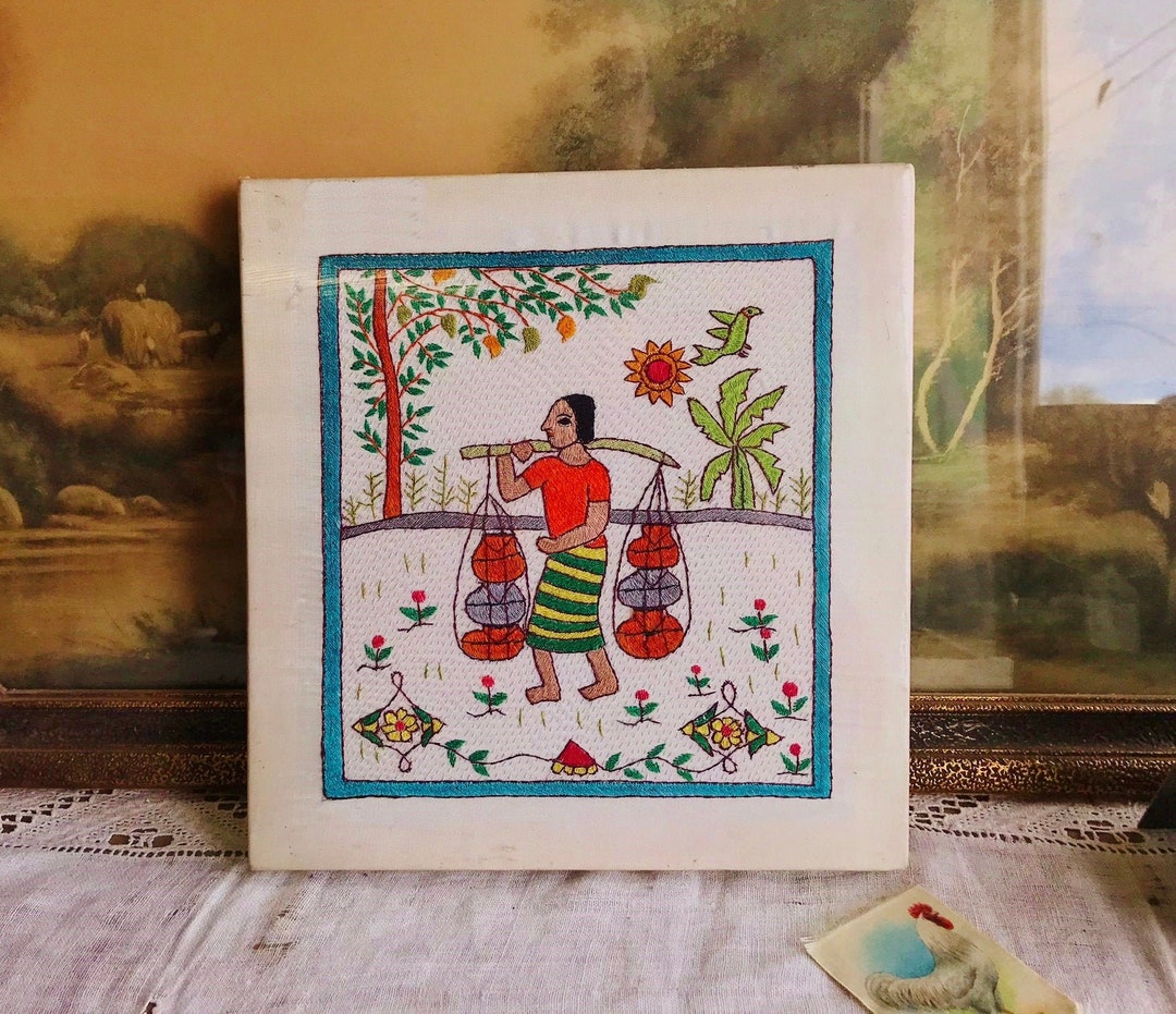 EMBROIDERED Quechua INDIAN Jungle SCENE, South American Indian, Framed ...