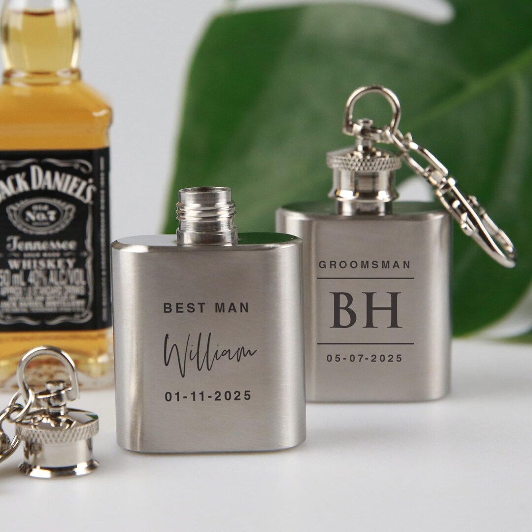 Personalised Groomsmen Mini Hip Flask Keyring – Engraved Name or ...