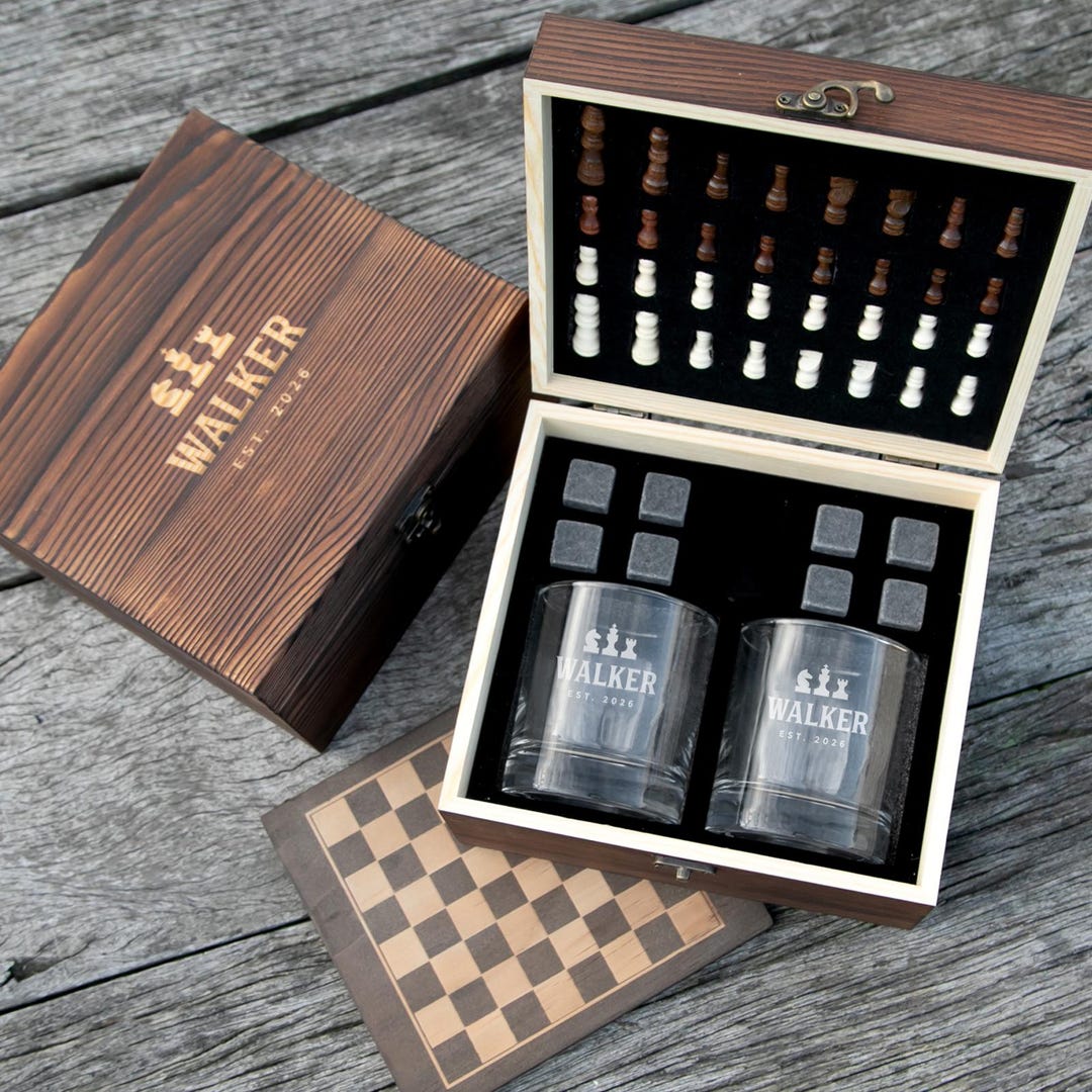 Personalised Chess Bourbon Glass Set – Engraved Scotch Glasses With ...