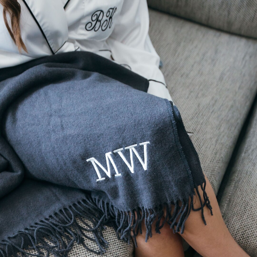 Initials Merino Blanket - Personalised Embroidered Monogrammed Grey 100 ...