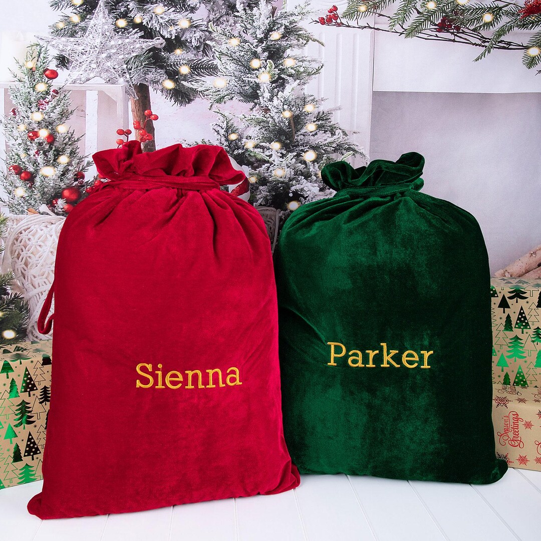 Personalised Velvet Santa Sack With Name Embroidered - Red or Green ...