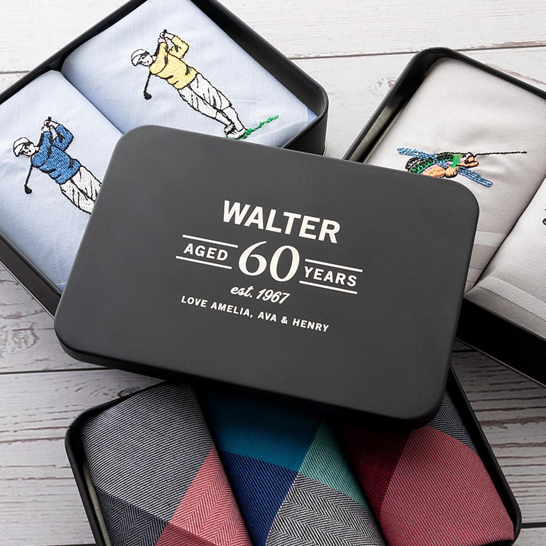 Personalised Handkerchief Gift Set – Engraved Tin With Golf, Fishing or ...