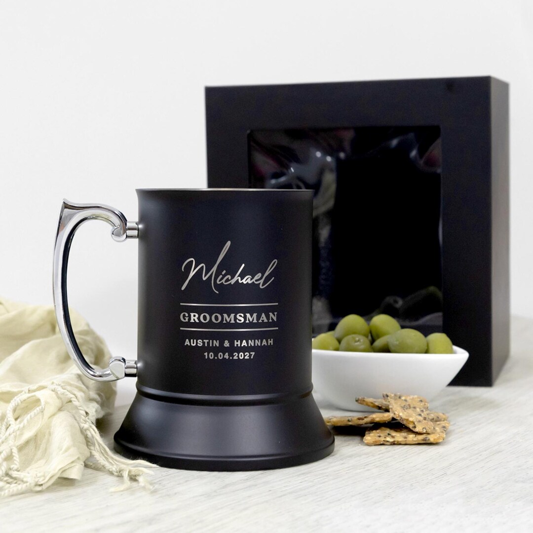 Groomsmen Personalised Beer Mug – Custom Engraved Black Metal Tankard ...