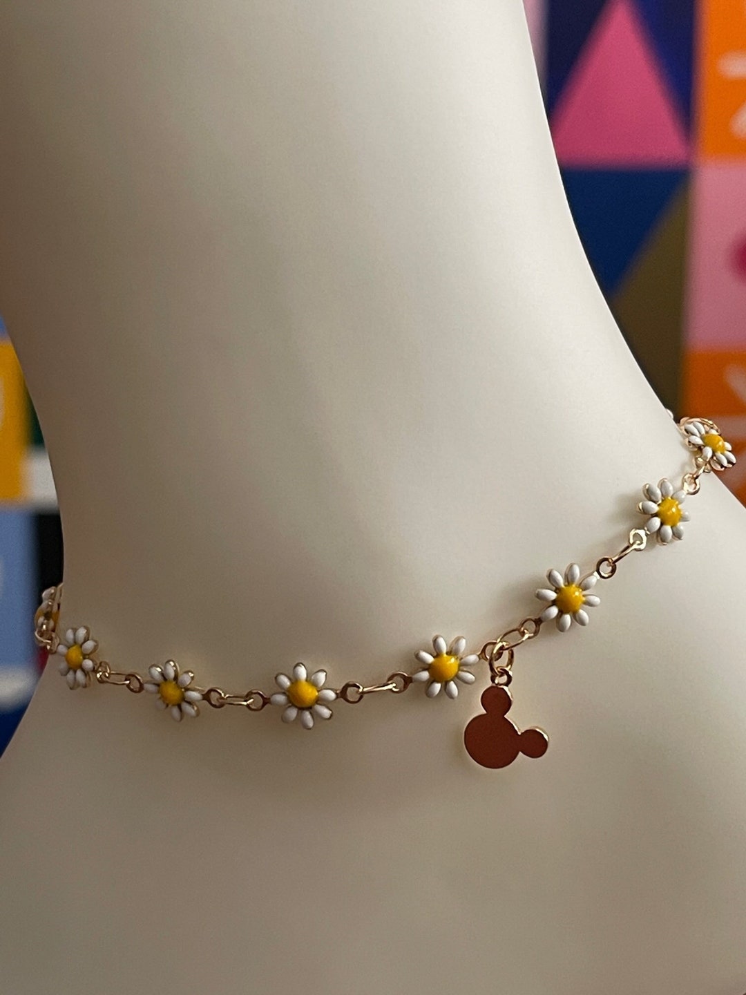 White Daisy Anklet With Dainty Gold Plated Mickey Mouse Charm - Etsy