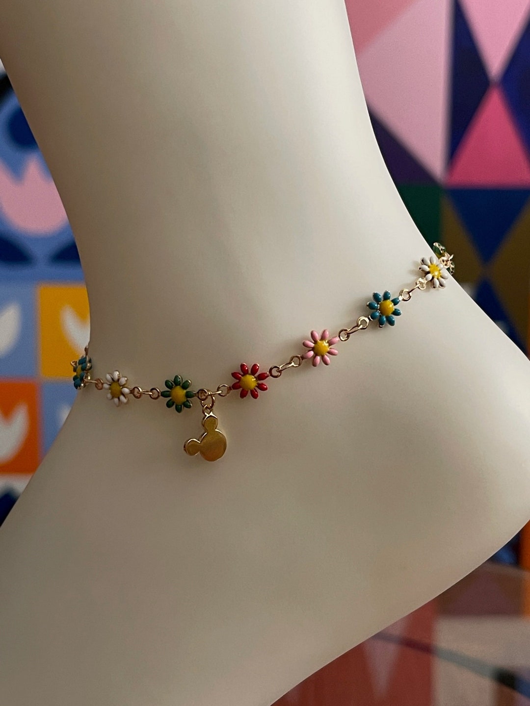 Rainbow Daisy Anklet With Dainty Gold Plated Mickey Mouse Charm - Etsy