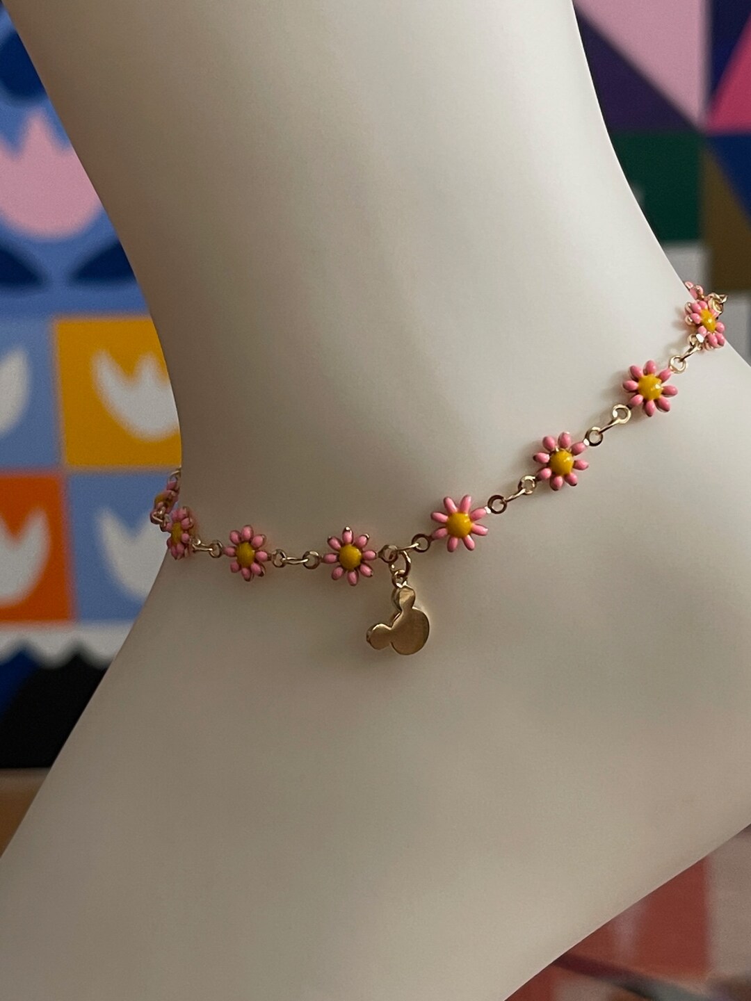 Pink Daisy Anklet With Dainty Gold Toned Mickey Mouse Charm - Etsy
