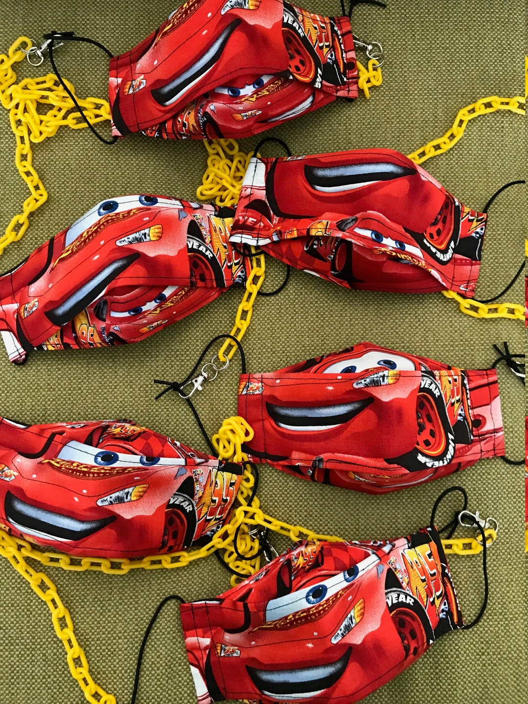 3D Contoured Style Face Mask: Lightening Mcqueen With Yellow Mask Chain ...