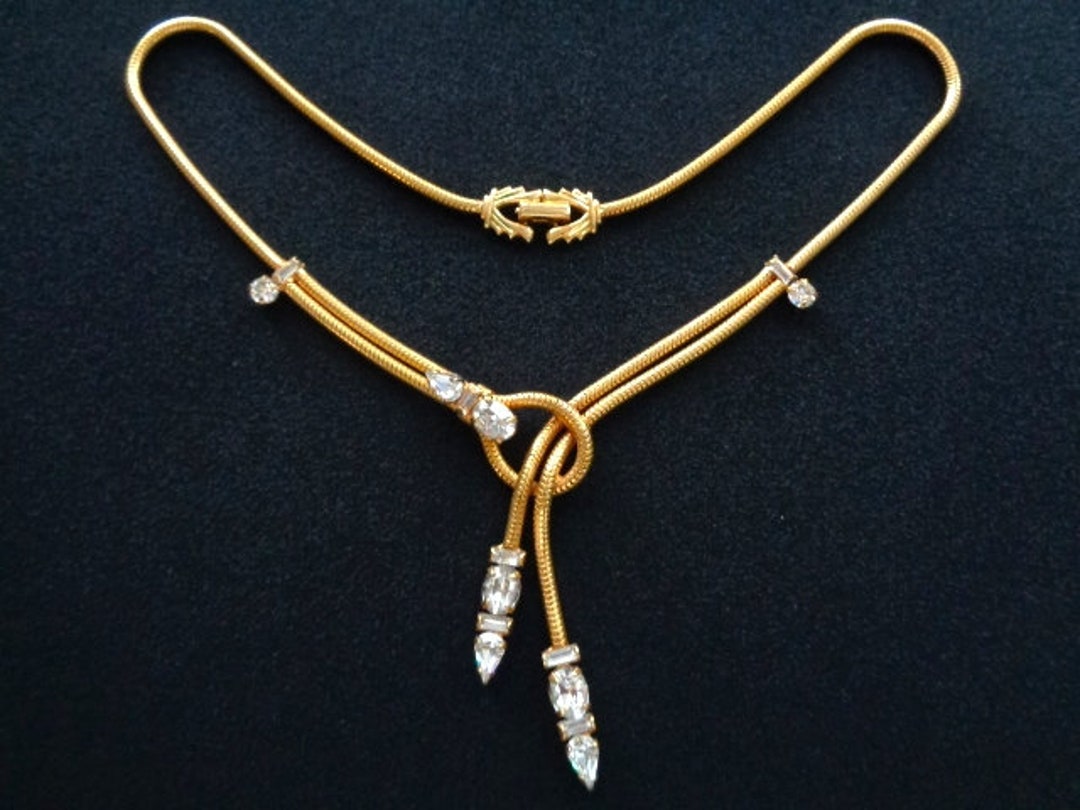 Vintage LEO GLASS Jewelry Yellow Gold Tone Metal Snake Chain Baguette ...