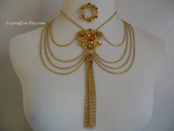 Victorian Medieval Gold Tone Multi Chain Amber Colored Glass & | Etsy