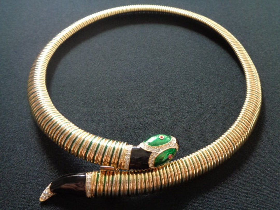 Marvelous Gold Plated Omega Chain Snake Choker Necklace W/ Faux Diamond ...