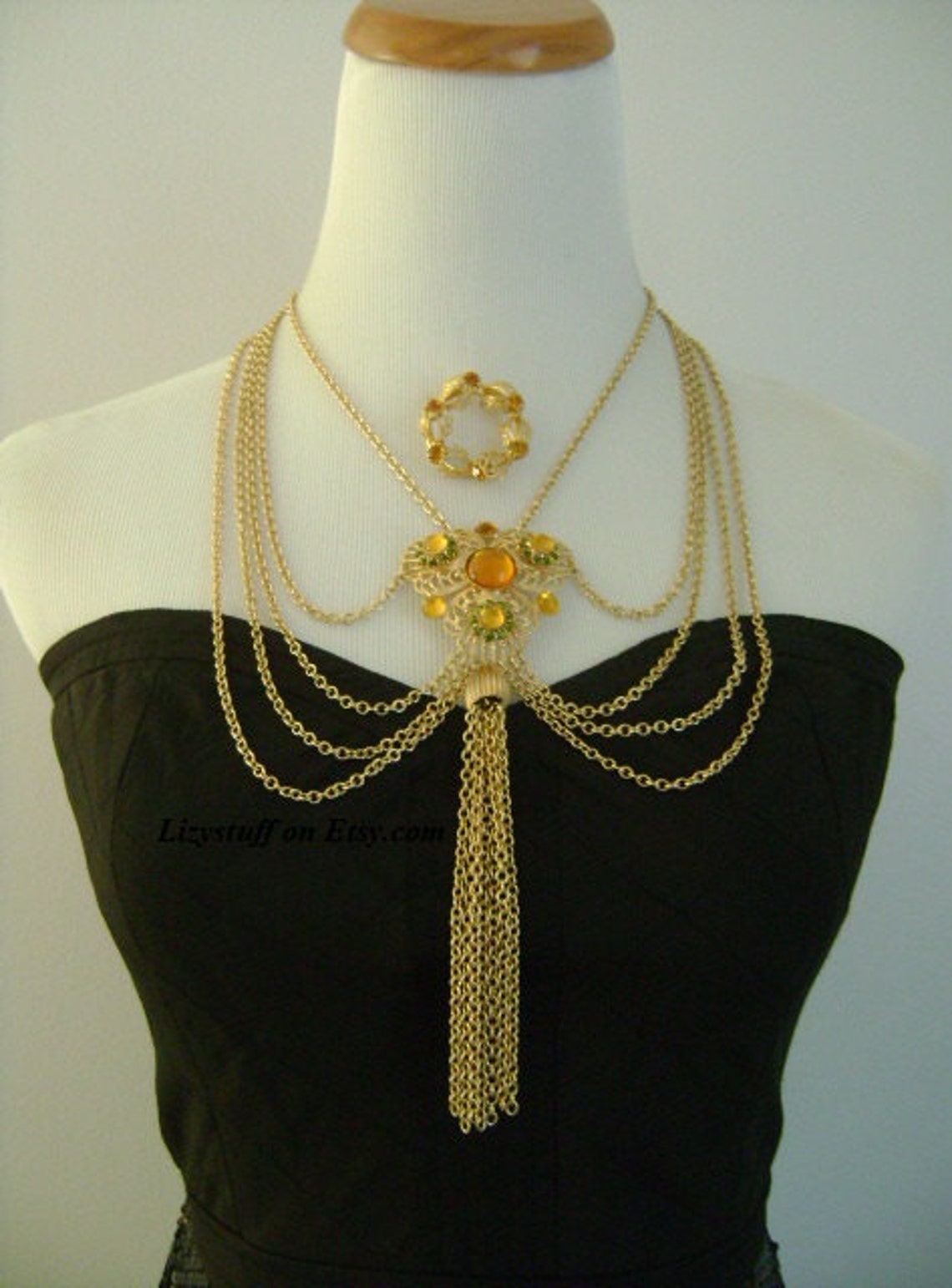 Victorian Medieval Gold Tone Multi Chain Amber Colored Glass & | Etsy