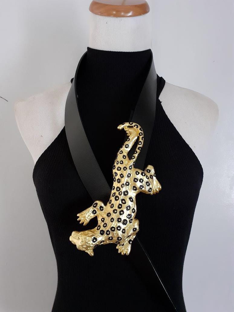 Striking Wild Animal Matte Finish Gold Tone Metal and Black Enamel ...