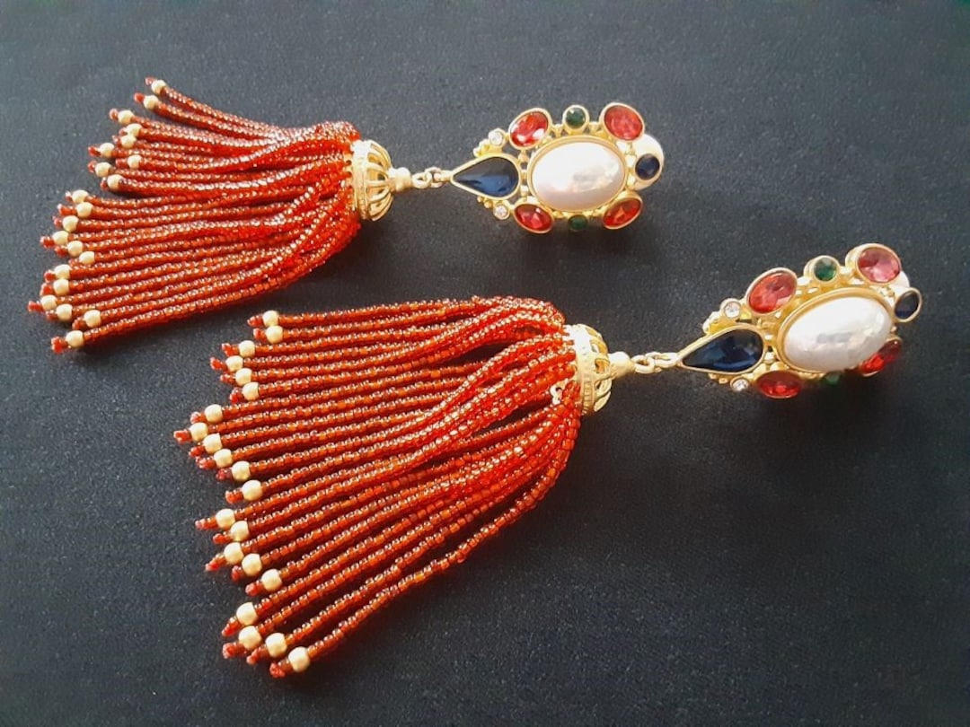 Stunning Ornate Gold Tone and Ruby Red Glass Seed Beads & Faux Pearl ...