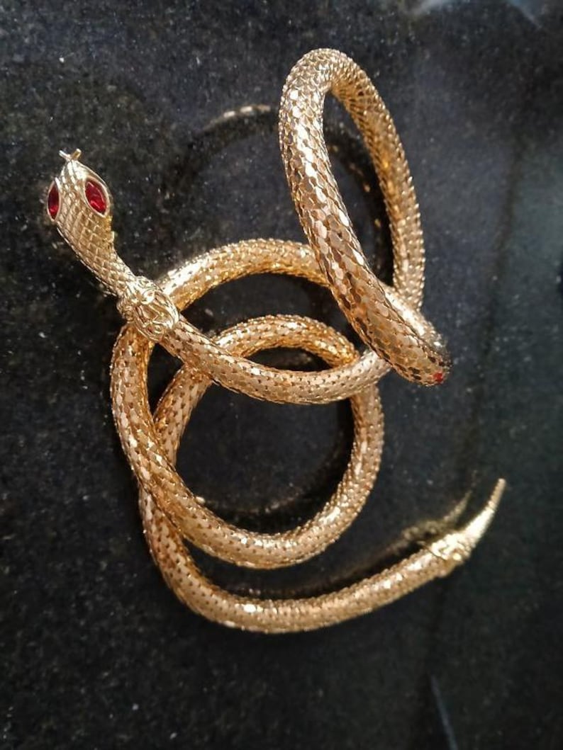 Exotic Reptile SNAKE Head Scales Mesh Shiny Gold Tone W/ Red Rhinestone ...