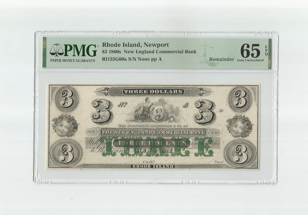 1800's Obsolete Currency 3 Dollar Bill From the New England Commercial Bank Rhode Island ...