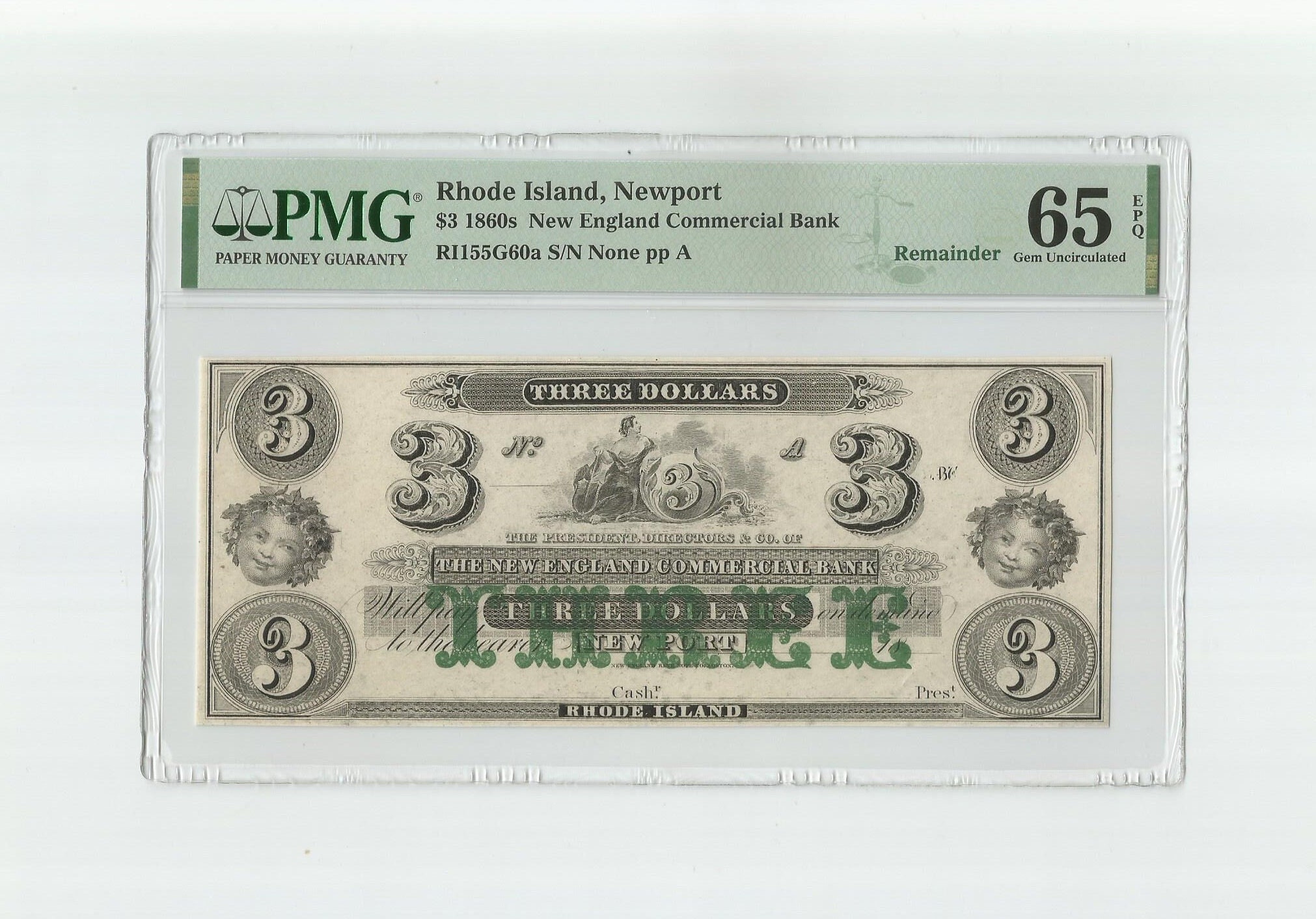 1800's Obsolete Currency 3 Dollar Bill From the New England Commercial Bank Rhode Island ...