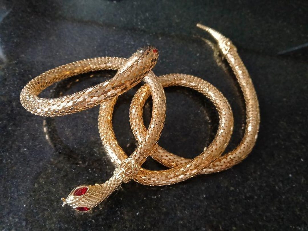 Exotic Reptile SNAKE Head Scales Mesh Shiny Gold Tone W/ Red Rhinestone ...