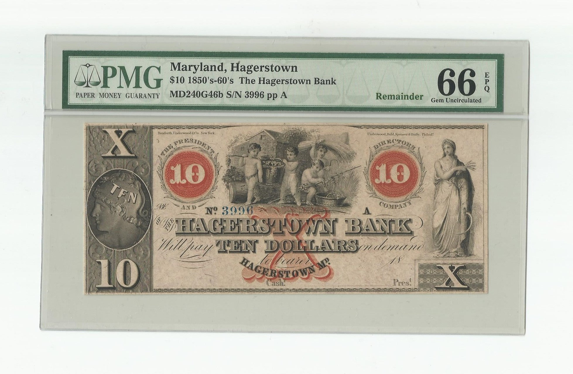 1800s Obsolete 10 Dollar Bill Paper Money Currency Hagerstown Bank ...