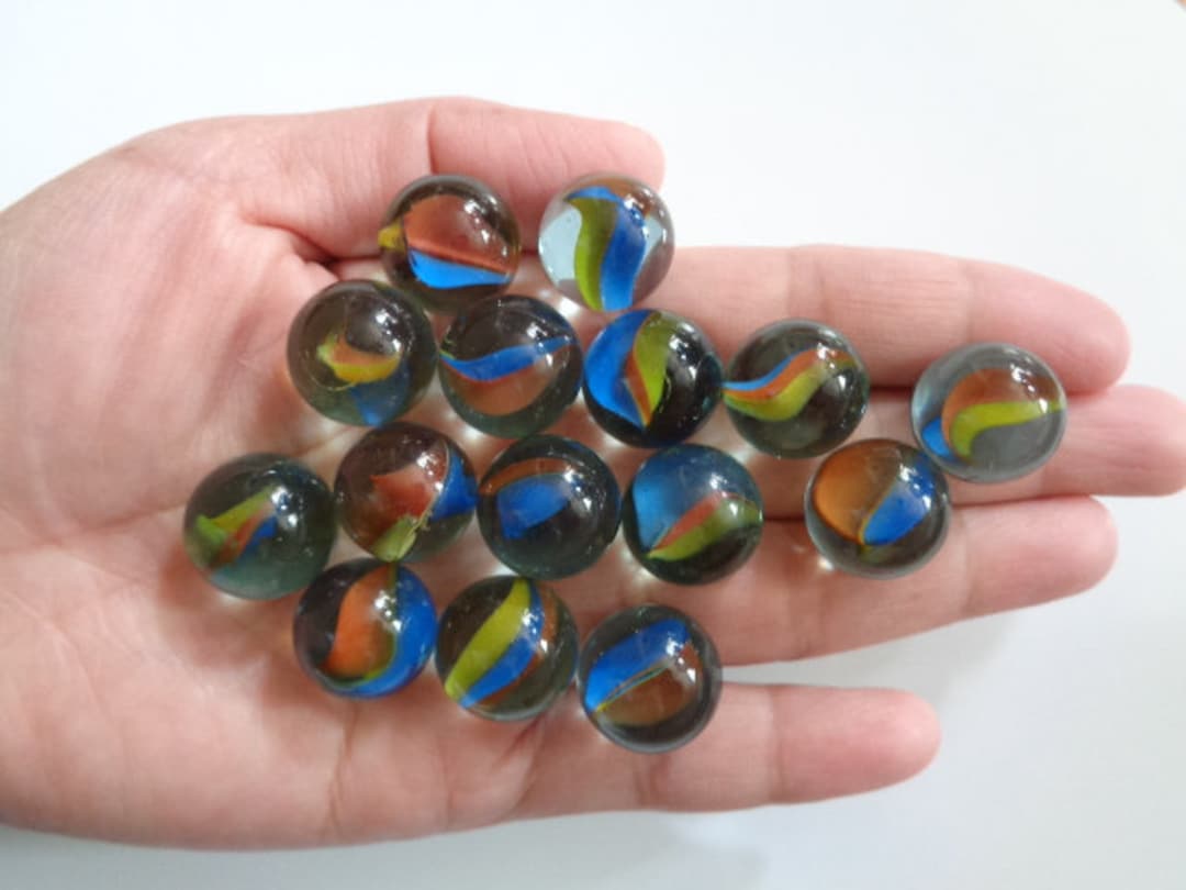 Clear & Colorful Blue Yellow Orange Colors Vintage Glass or Marble Ball ...