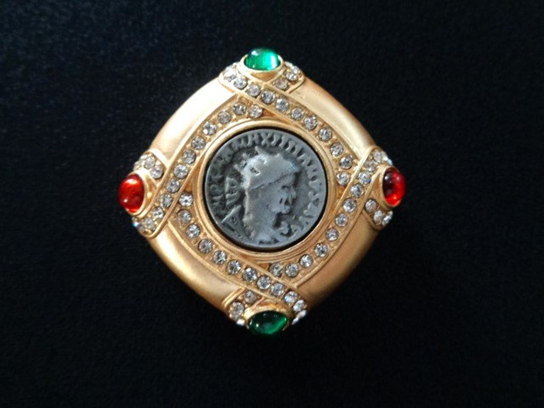 Lovely Matte Finish Gold Metal Jeweled W/ Green Red Clear Rhinestone ...