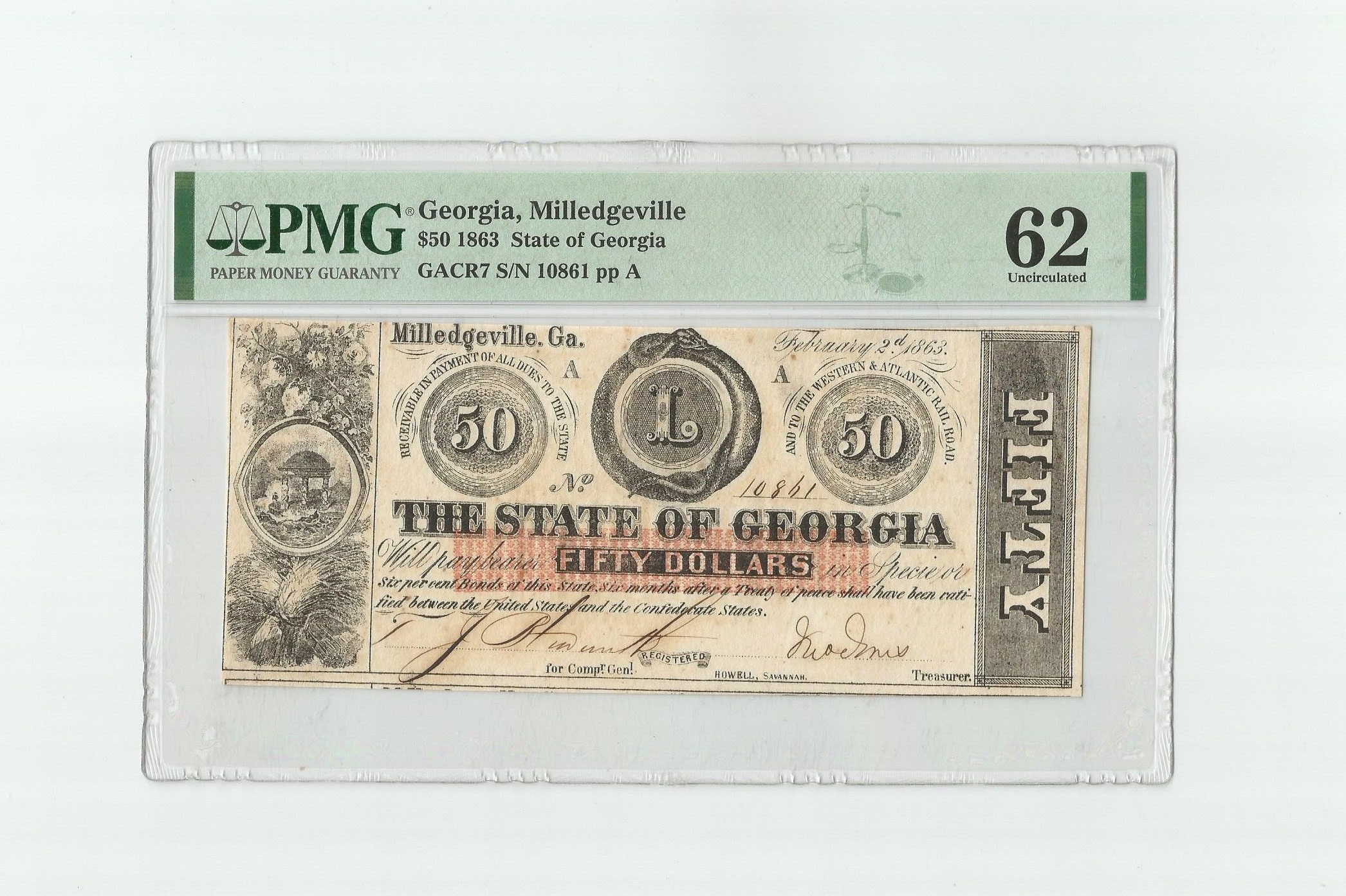 1863 State of Georgia Obsolete Banknote 50 Fifty Dollars Bill ...