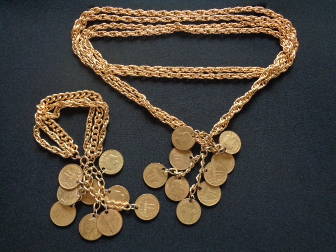 Beautiful Vintage Coin Charms Jewelry Set Gold Tone Multi Chain ...