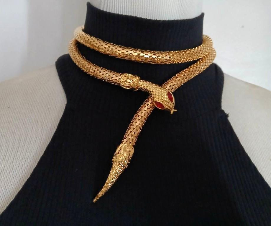 Exotic Reptile SNAKE Head Scales Mesh Shiny Gold Tone W/ Red Rhinestone ...