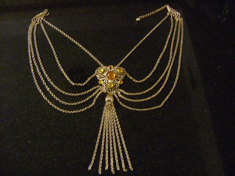 Victorian Medieval Gold Tone Multi Chain Amber Colored Glass & | Etsy