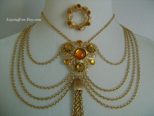 Victorian Medieval Gold Tone Multi Chain Amber Colored Glass & - Etsy