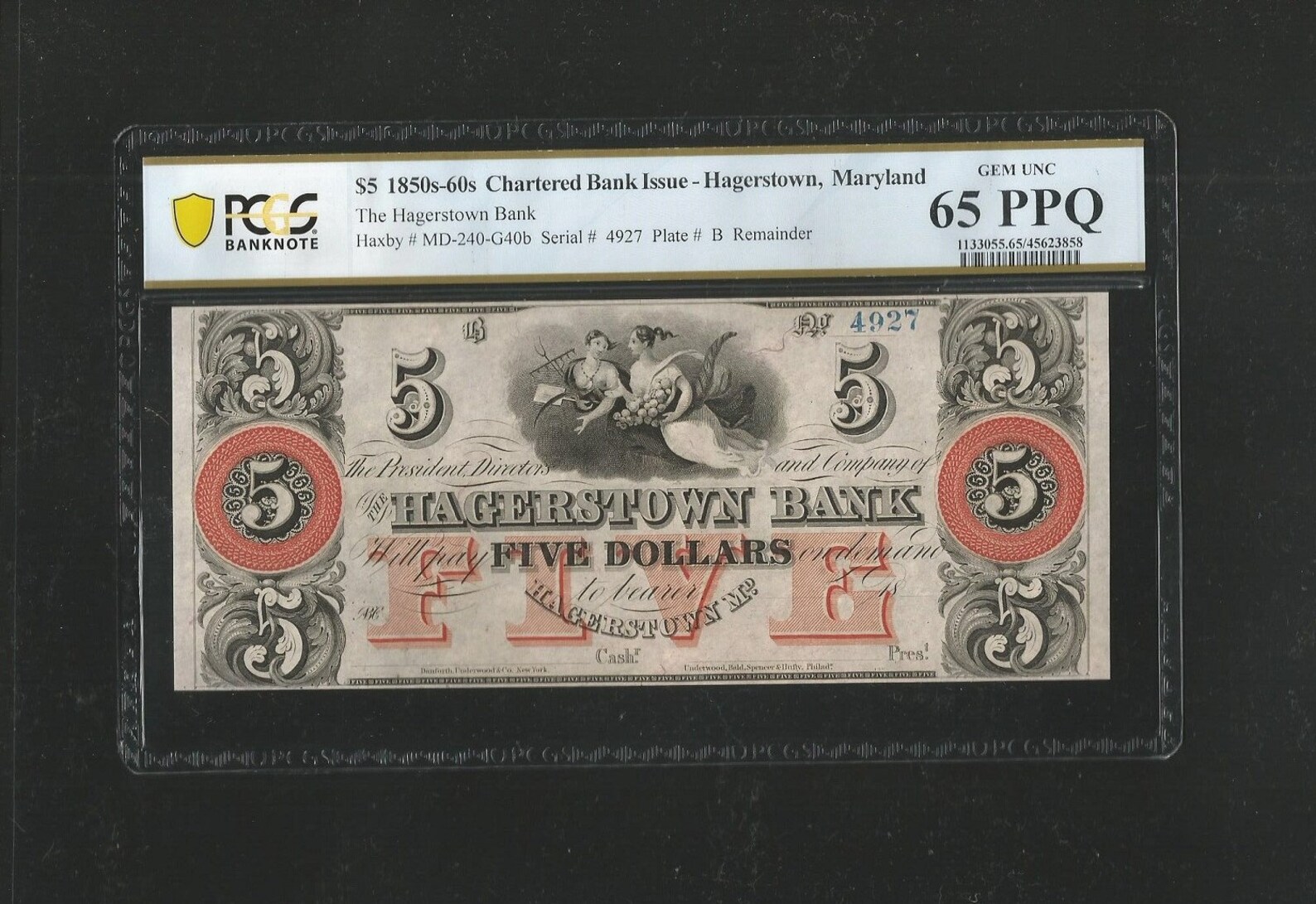 1800 Five 5 Dollar Bill Paper Money Obsolete Remainder Note Hagerstown ...