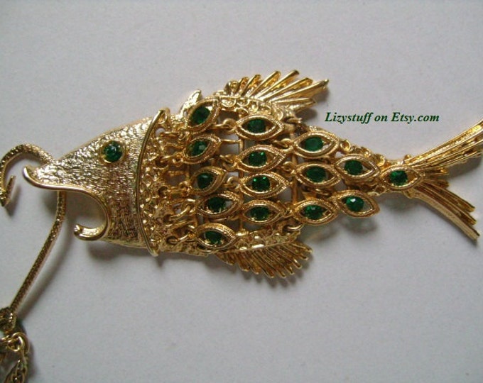 Vtg Gold Tone Articulated Figural BIG Fish W/dangling Emerald - Etsy