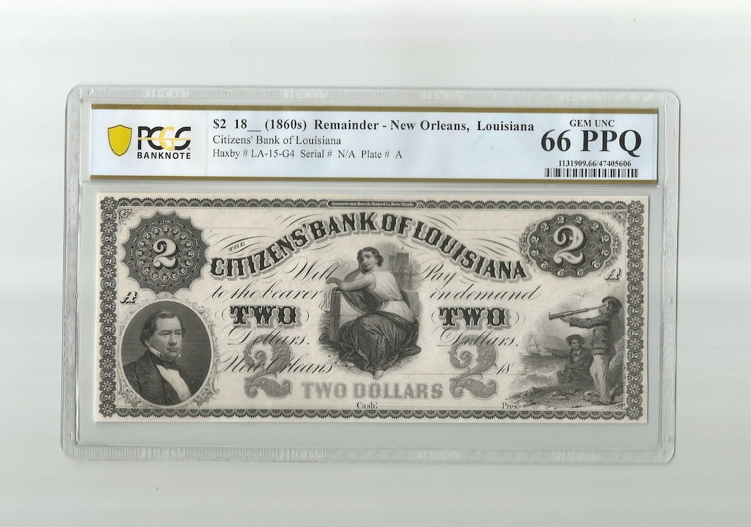 1860s 2 Dollar Bill Citizens Bank of Louisiana New Orleans LA Graded ...