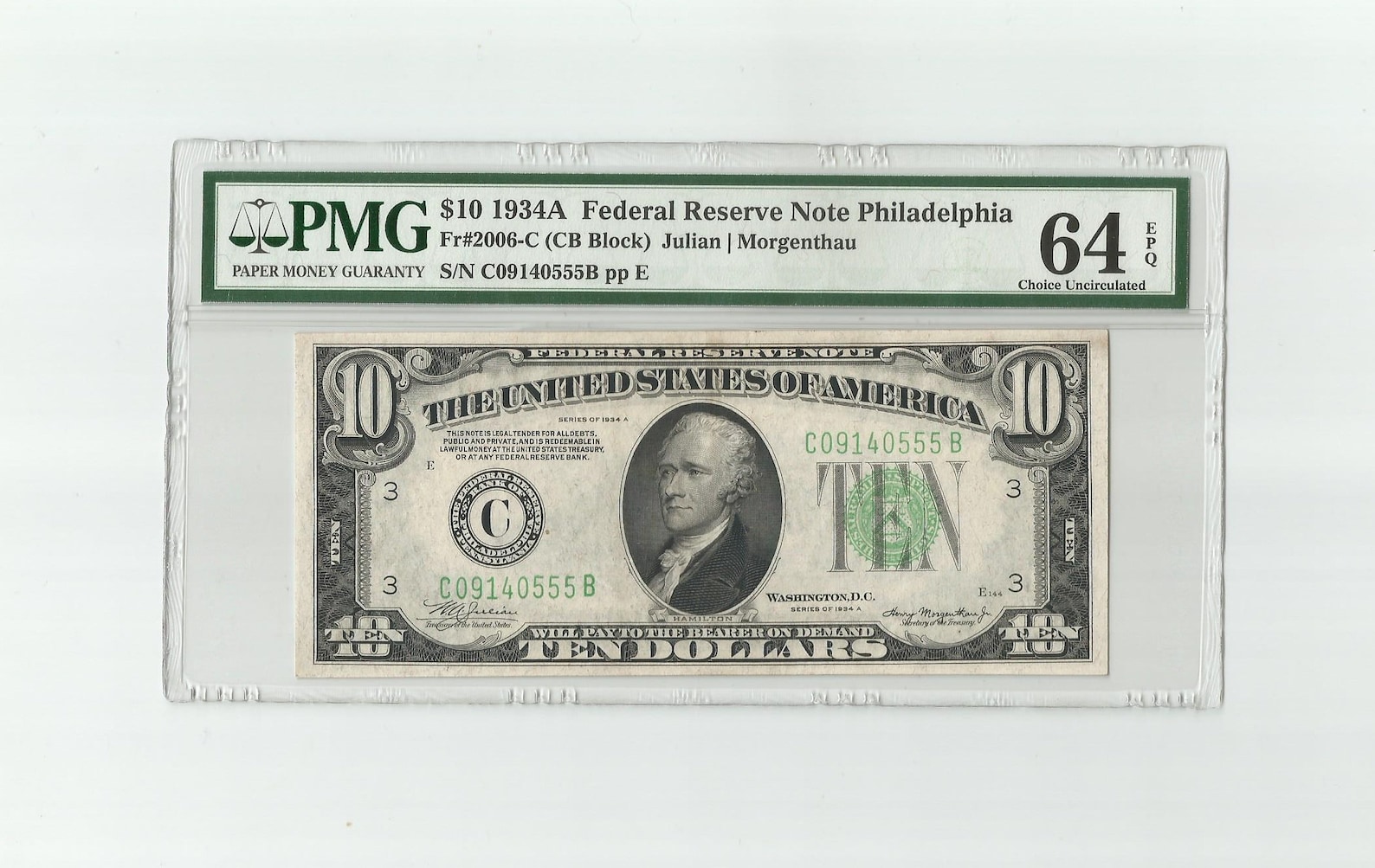 1934-A 10 Ten Dollar Bill Federal Reserve Note Philadelphia FR 2006-C ...