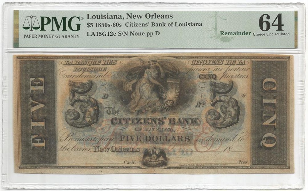 1850's FIVE CINQ 5 Dollar Bill PMG 64 Citizens Bank of - Etsy