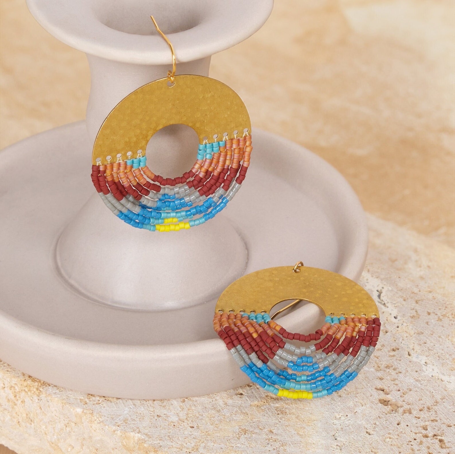 Handwoven Beaded Organic Circular Fringe Earrings With Brass Arch ...