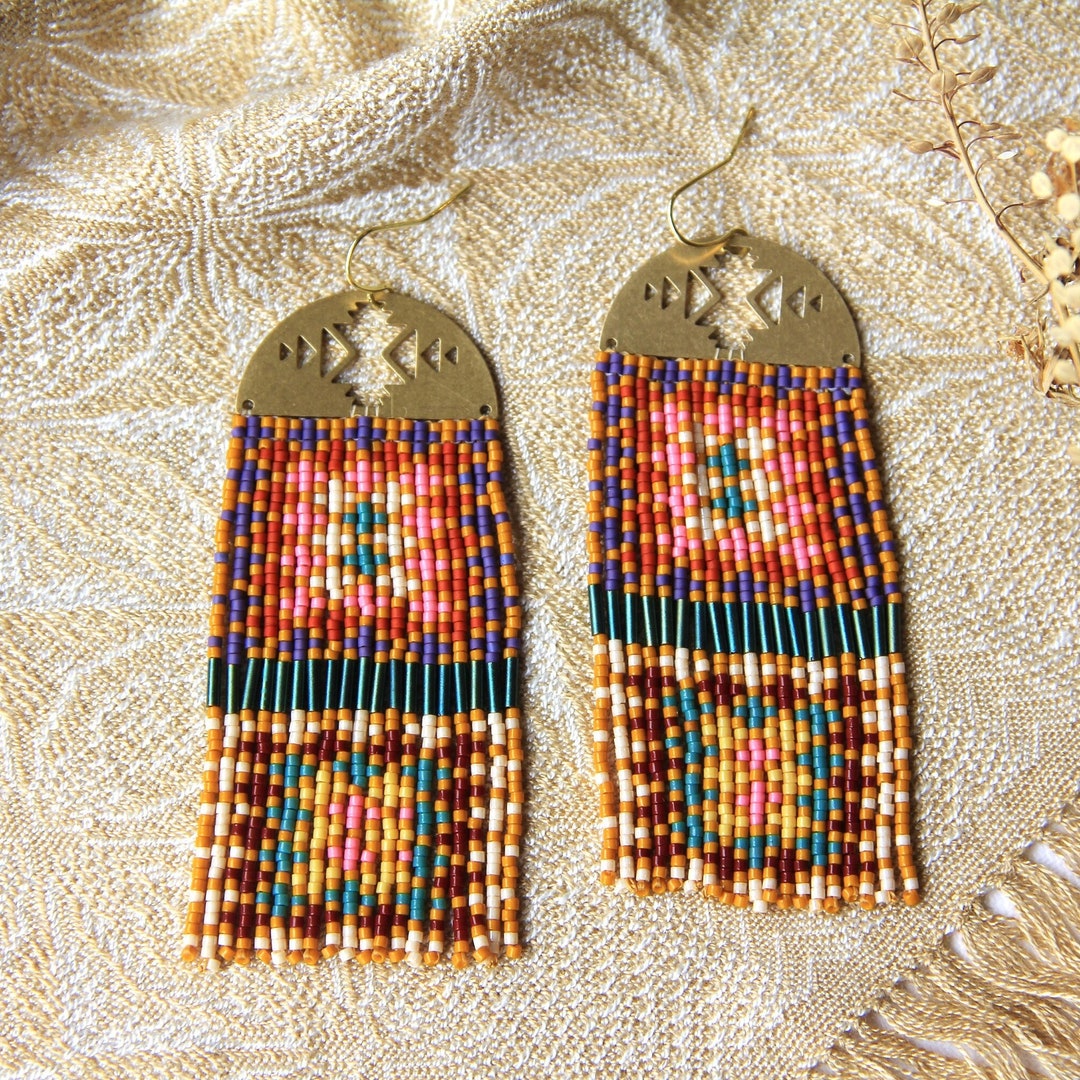 Handwoven Beaded Crochet Square Fringe Earrings - Etsy