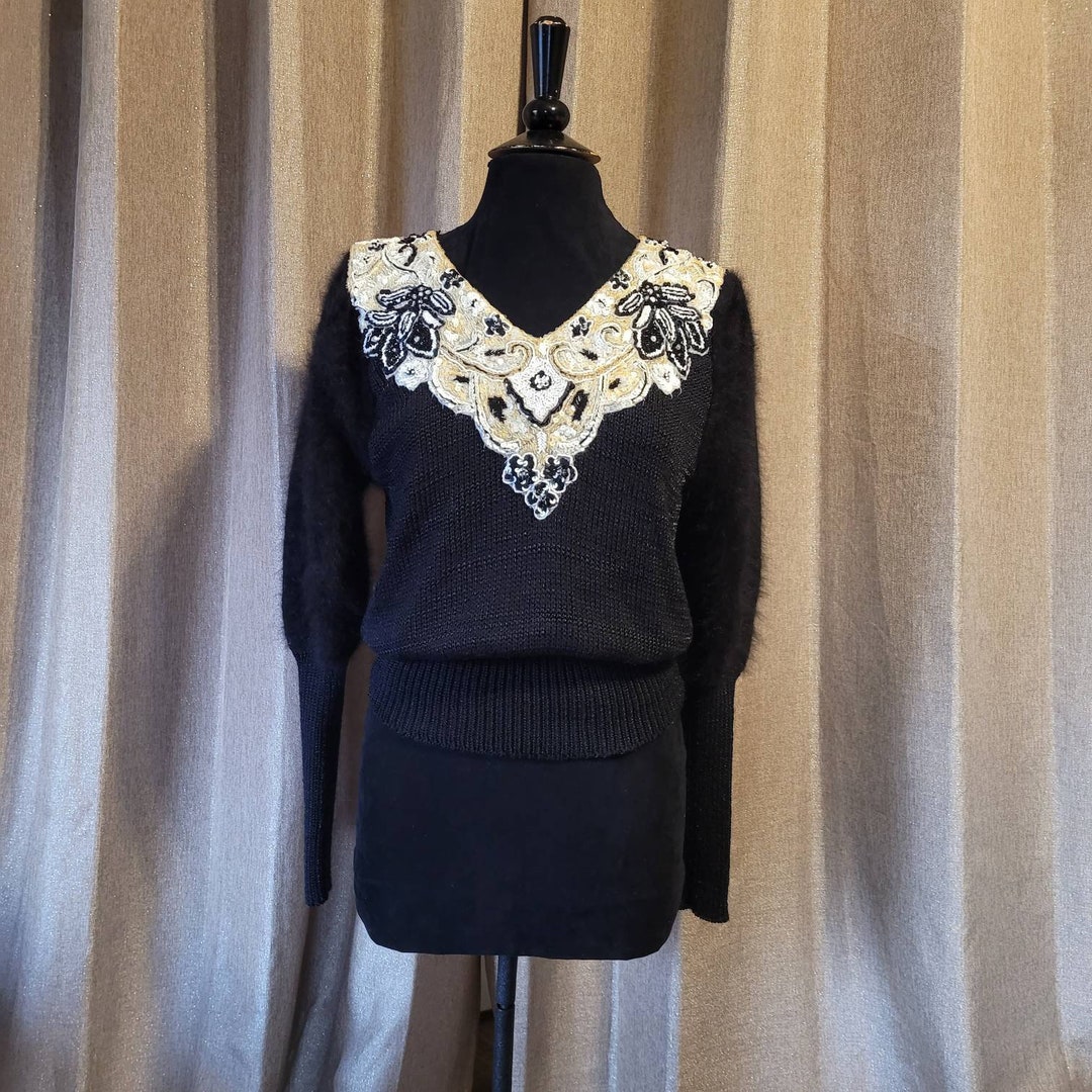 Vintage Angora Beaded & Sequined Black Sweater by Side Effects - Etsy
