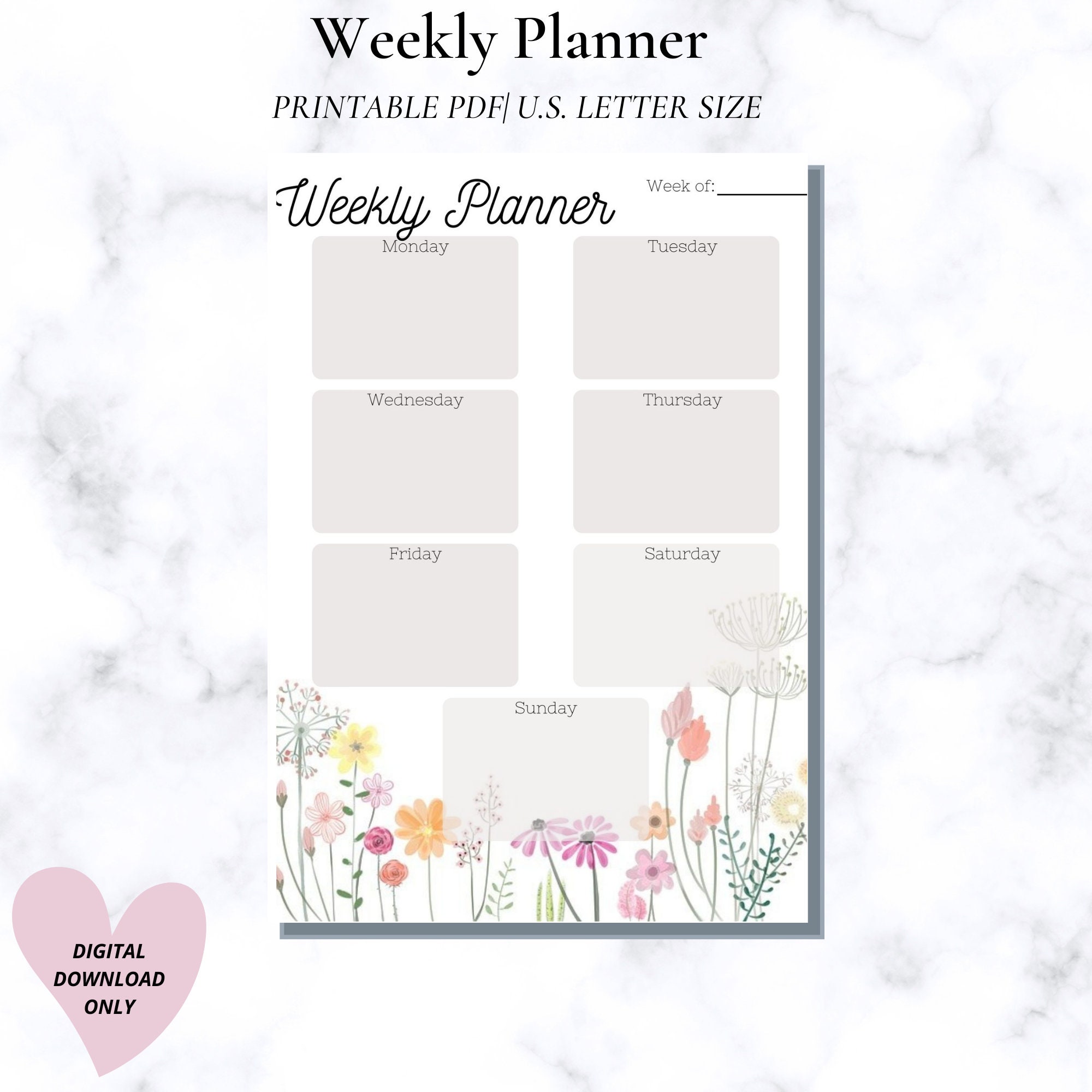 Weekly Planner, Printable, Floral Design Calendar, 11 X 8.5 Inches ...