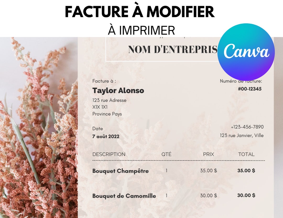 MODÈLE DE FACTURE Modèle de facture en français de type floral Utiliser ...