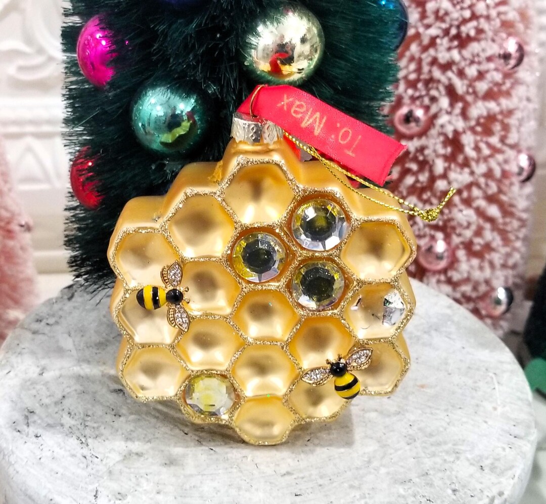 Jeweled Glass Honeycomb Christmas Ornament - Rhinestone Enamel Bee ...