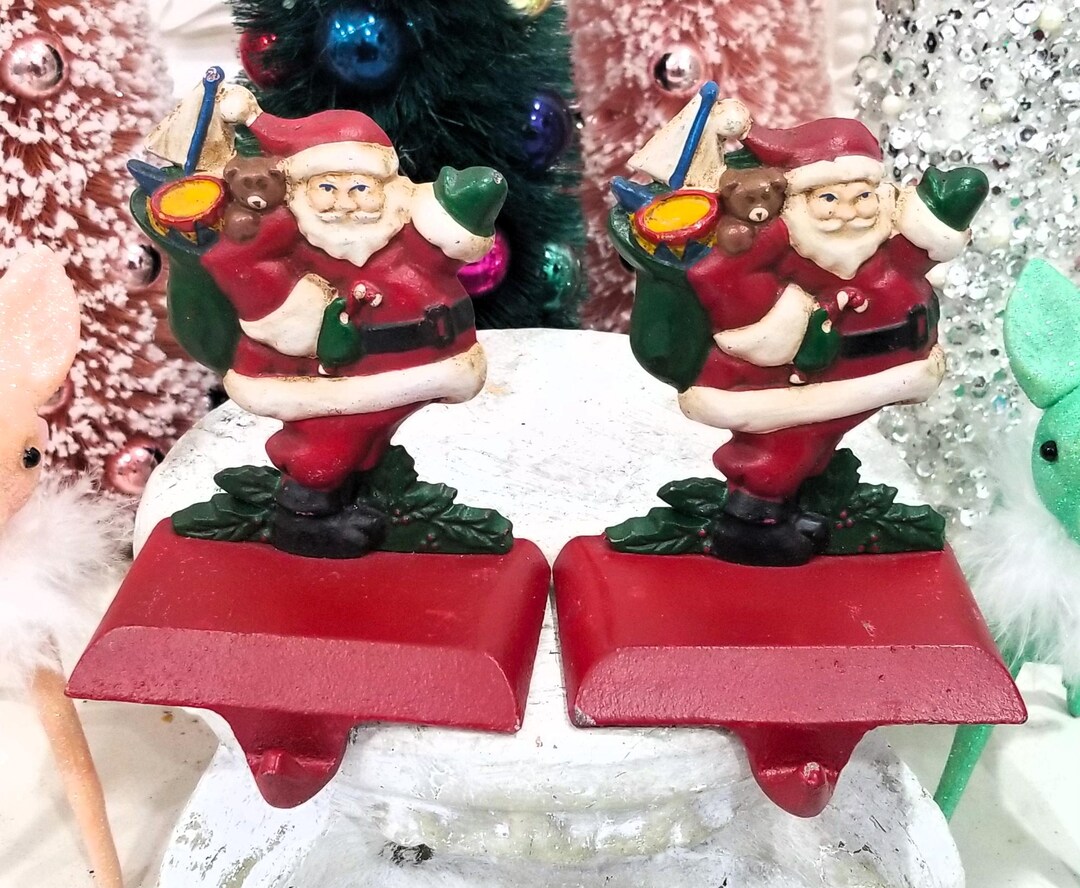 Vintage Waving Santa Toy Bag Christmas Stocking Holders Metal Drum ...